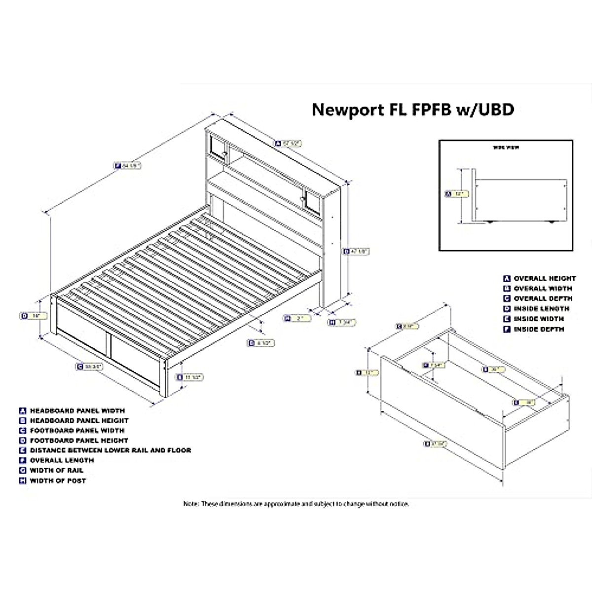 AFI Newport Full Platform Bed with Flat Panel Footboard and Turbo Charger with Urban Bed Drawers in White