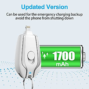 EMNT Keychain Portable Charger for iPhone, 1700mAh Mini Power Emergency Pod,Ultra-Compact External Fast Charging Power Bank Battery Pack, Key Ring Cell Phone Charger,Charger Smaller Than a Card,White