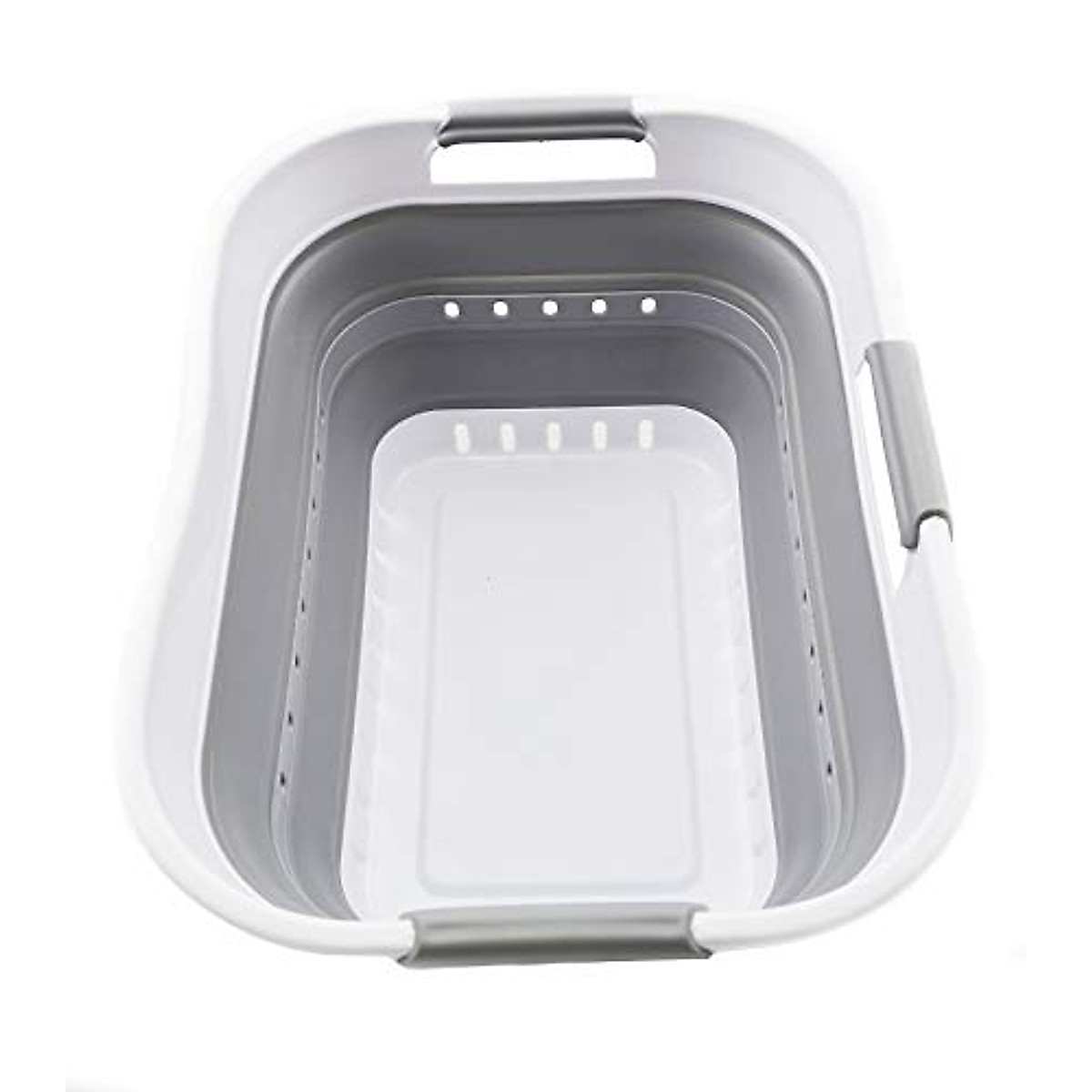 SAMMART 19L (5 gallon) Super Mini Collapsible 3 Handled Plastic Basket - Foldable Pop Up Storage Container/Organizer - Space Saving Hamper/Basket (1, White/Grey)