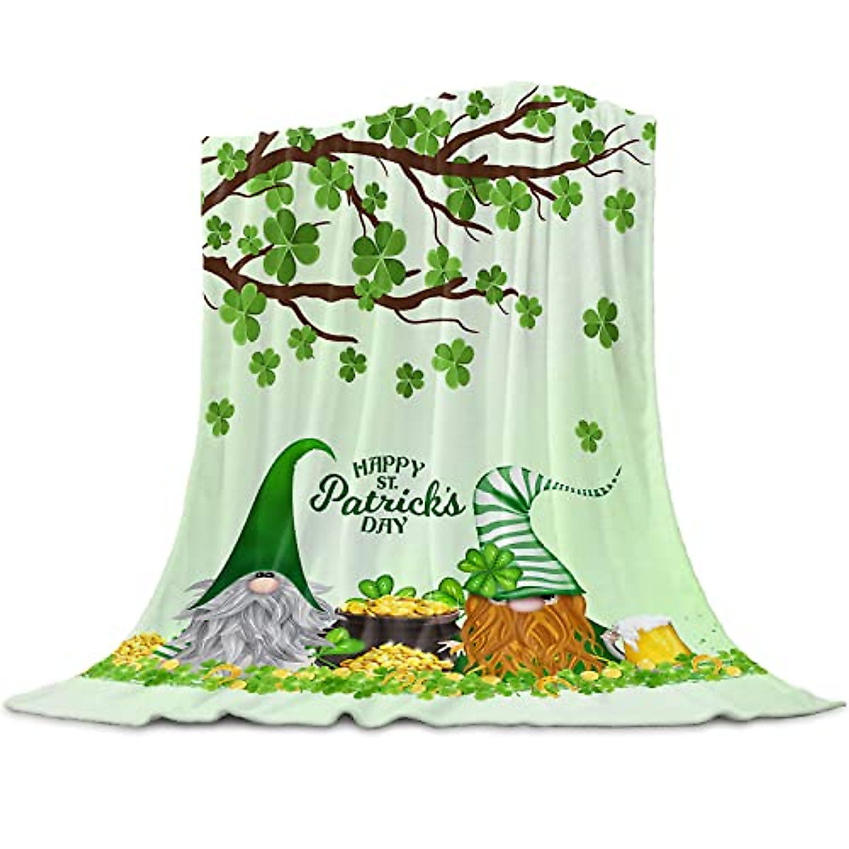 Fantasy Staring St. Patrick's Day Throw Blanket - Elf Gnome Lucky Green Clover Shamrock Flannel Blanket Microfiber Holiday Blanket Soft, Cozy, Comfy Throw for Sofa Couch Bed, 40 x 50 inch