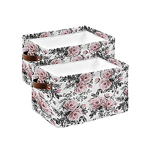 Flower Art Storage Bins for Organizing, Decorative Large Closet Organizers with Handles Cubes - 2 Pack Fabric Baskets for Shelves, Closets, Laundry, Nursery, Pink Grey Vintage Roses