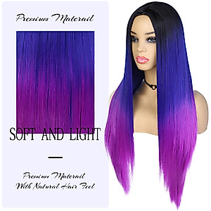 WIGER Long Straight Ombre Wigs Rainbow Mermaid Purple Wigs for Women Black To Blue To Hot Pink No Lace Three-Tone Colored Cosplay Hair 26 Inches Synthetic Girls Party Wig