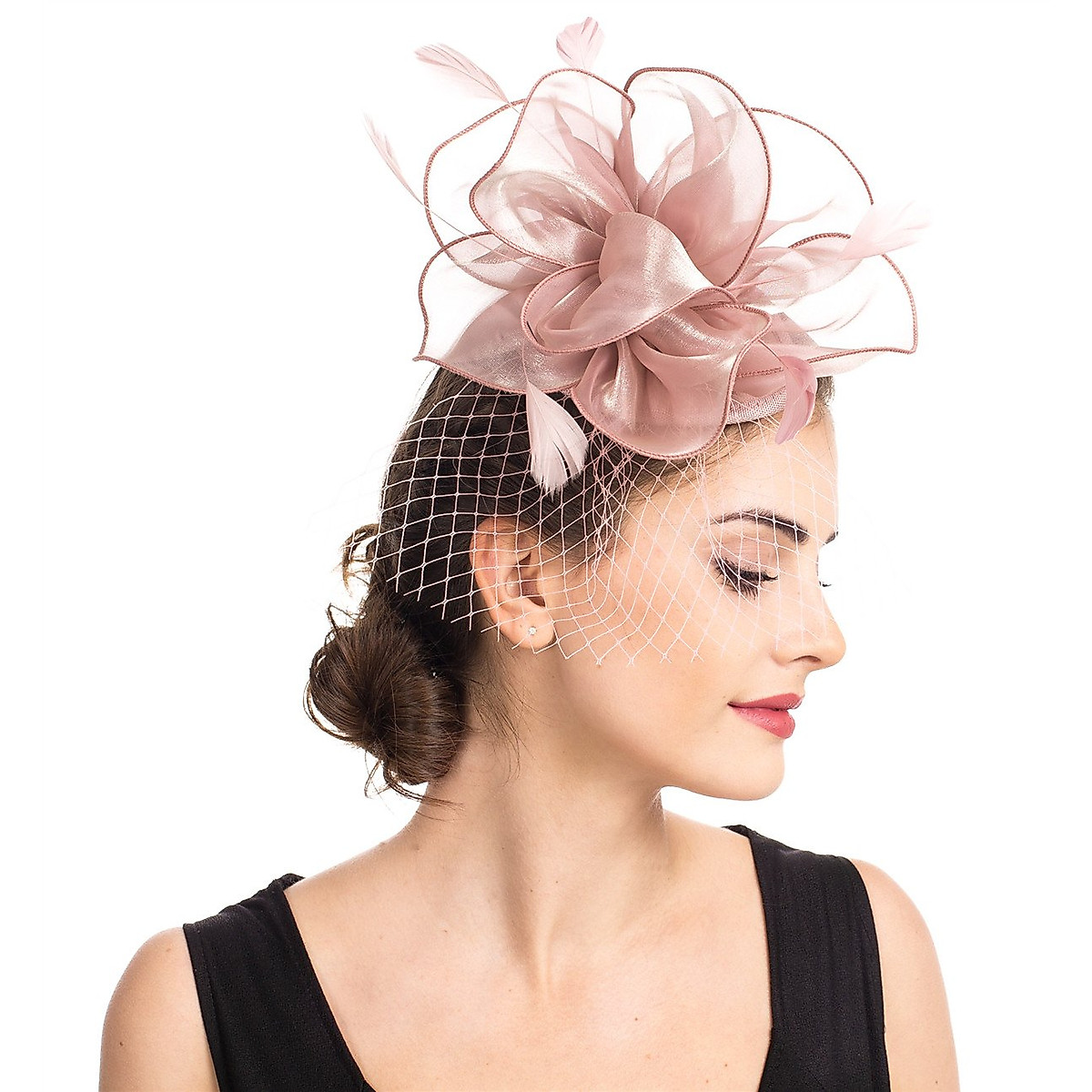 SAFERIN Fascinator for Women Hair Clip Hat Bowler Feather Flower Veil Wedding Party Hat Tea Hat（TA2-Pink）