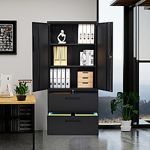 STANI 2 Drawer Lateral File Cabinet, Metal Storage Cabinet with Drawers, Locking File Cabinet with Storage Shelves, Metal Storage Cabinets for Letter/Legal/F4/A4 Size Files (Two Drawer, Black)