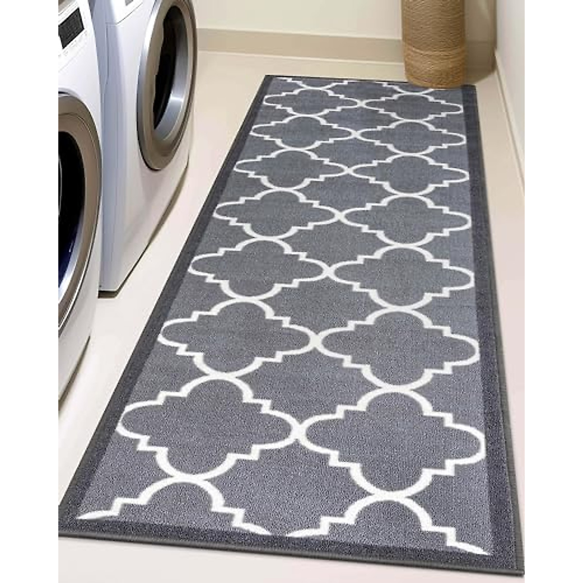 Well Woven Kings Court Brooklyn Trellis Grey - Non-Slip Rubber Backed Moroccan 2x7 Runner Rug - Hallway, Entryway & Kitchen - Kid & Pet Friendly, Easy-to-Clean, Machine-Washable, Low Looped Pile
