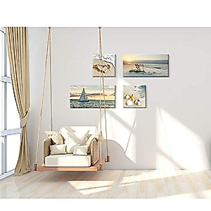 Hardy Gallery Beach Picture Sunset Canvas Art: Seascape Painting with Sailboat & Coastal Conch Artwork Wall Art for Bedroom (24'' x 12'' x 2 Panels + 12'' x 12'' x 2 Panels)