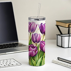 Purple Tulips Flowers Watercolor Skinny Tumbler 20oz with Straw Insulated Water Bottle Gift