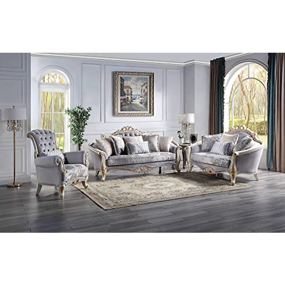 Acme Galelvith Fabric Upholstered Sofa with 5 Pillows in Gray