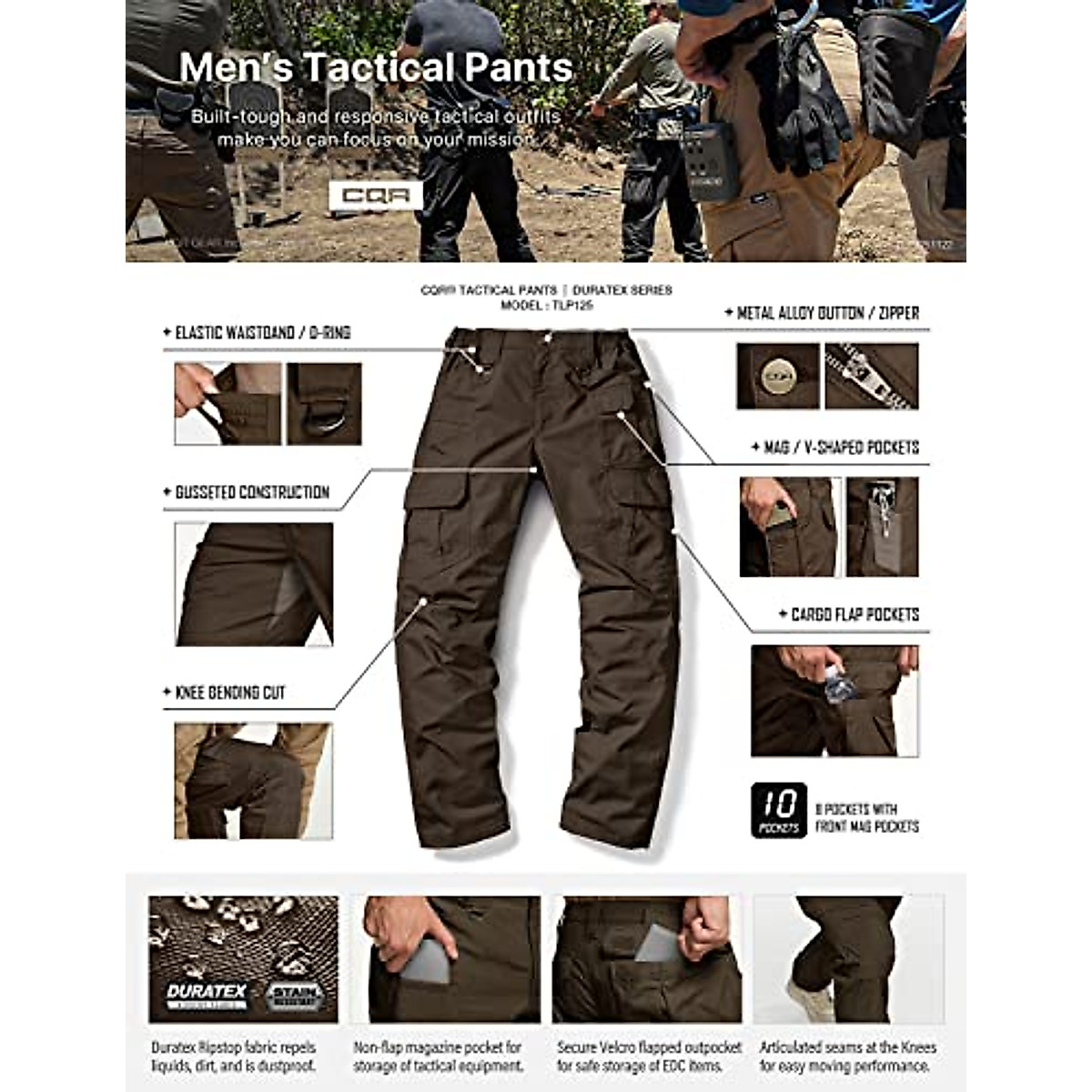 CQR Men's Tactical Pants, Water Resistant Ripstop Cargo Pants, Lightweight EDC Work Hiking Pants, Outdoor Apparel, Duratex Mag Pocket Dark Brown, 34W x 32L