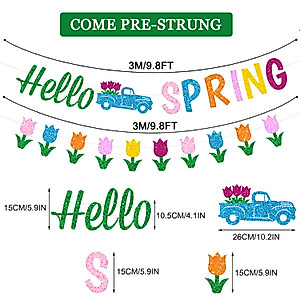 JKQ Glitter Hello Spring Banner with Tulip Truck Signs and Colorful Glittery Tulips Banner Hello Spring Tulips Flowers Garland Banner Spring Easter Birthday Party Fireplace Mantle Decorations