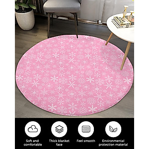 Pink Christmas Fluffy Round Area Rug Carpets 4ft, Plush Shaggy Carpet Soft Circular Rugs, Non-Slip Fuzzy Accent Floor Mat for Living Room Bedroom Nursery Home Decor Winter Fantasy Snowflake