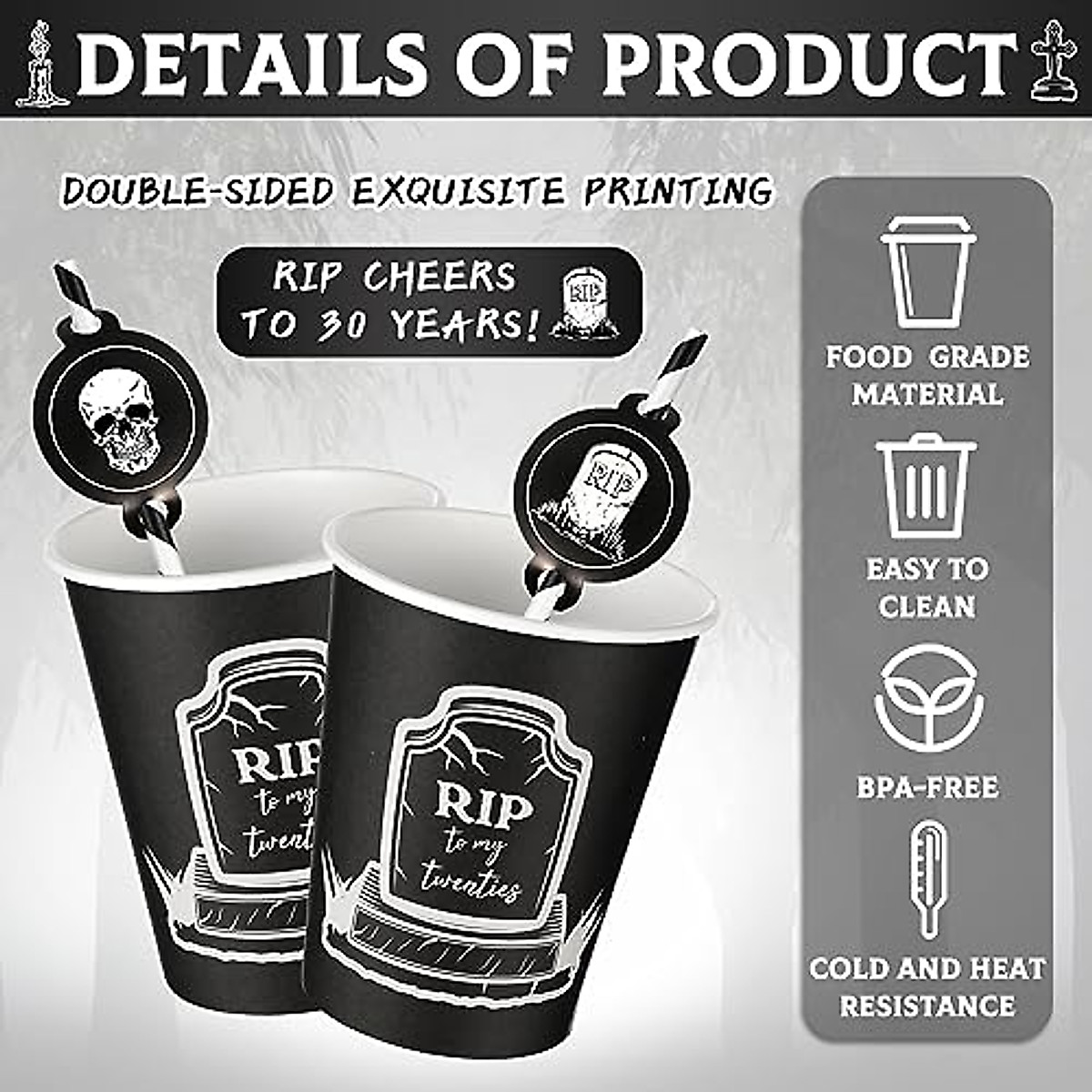 gisgfim 96 Pcs Death to My 20s Party Cups Death to My Twenties Cups Black Disposable Paper Cup 30th Birthday Party Supplies RIP Twenties Birthday Decorations for Men Women My Youth Funeral
