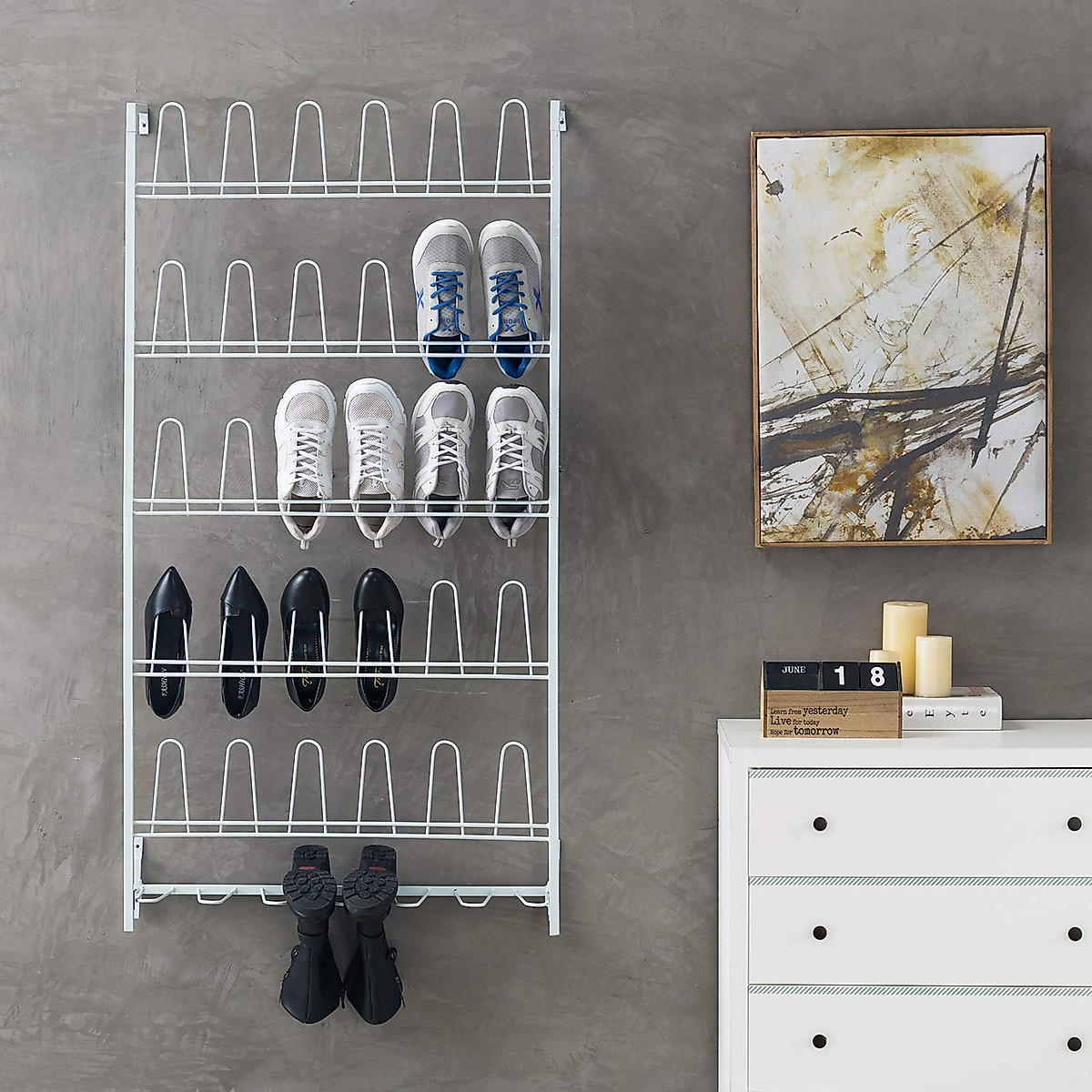 MyGift Modern Matte White Metal Hanging Shoe Rack for Walk in Closet, Mudroom and Entryway, Wall Mounted Space Saving Organizer for Shoes and Boots, Holds 18 Pairs