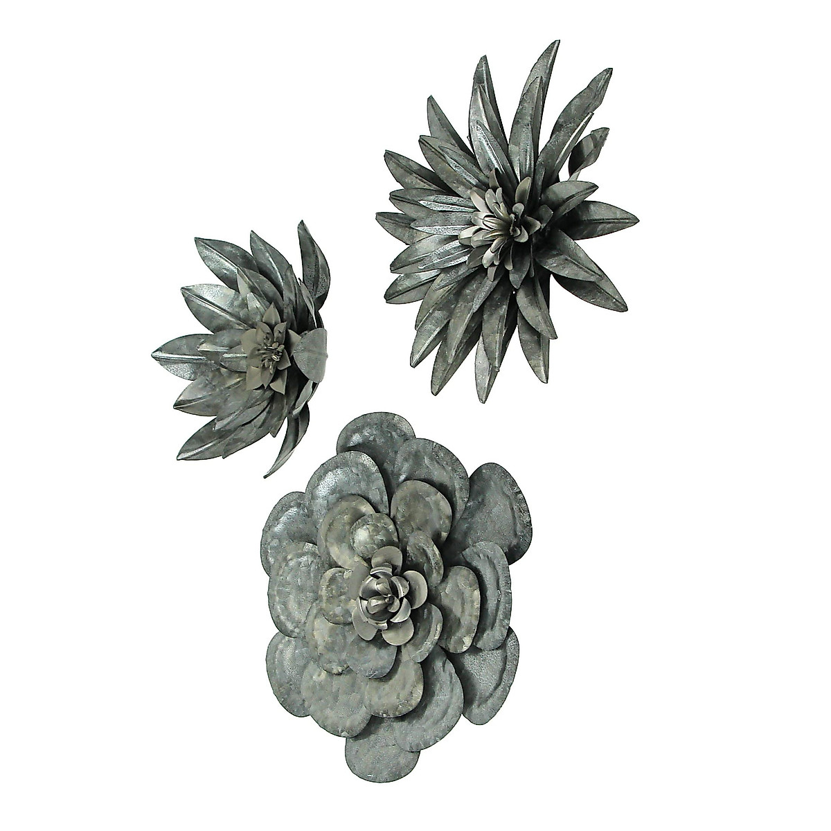 Zeckos Set of 3 Galvanized Metal Flower Wall Hanging Sculptures Home Decor Floral Art 10 Inches High - Nature Accents for Country or Farmhouse - Easy Install
