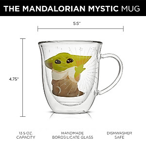 JoyJolt Mandalorian Mystic Grogu 13.5oz Coffee Mug, Double Wall Mug Set of 2. Large Espresso Cups, Cappuccino or Latte Cup. Mandalorian Star Wars Mugs, Glass Coffee Cup, Insulated Coffee Mug