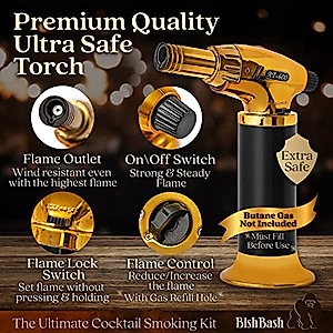 BishBash Cocktail Smoker Kit with Torch - Bourbon Smoker Kit with 4 Flavored Cocktail Smoker Wood Chips - Birthday Gift Old Fashioned Cocktail Kit, Cocktail Smokers Drink Kit for Men, Dad. No Butane.