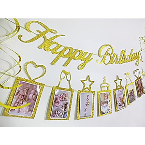 Concico Birthday decorations - Gold Happy Birthday Photo banner and Hanging Swirls of Birthday party decor(Gold)