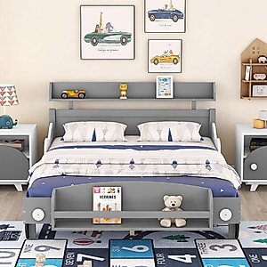 CITYLIGHT Full Size Car Beds for Boys, Full Bed Frame with with Storage Shelf, Wooden Kids Car Full Bed for Boys with Wheels for Child's Bedroom,Grey