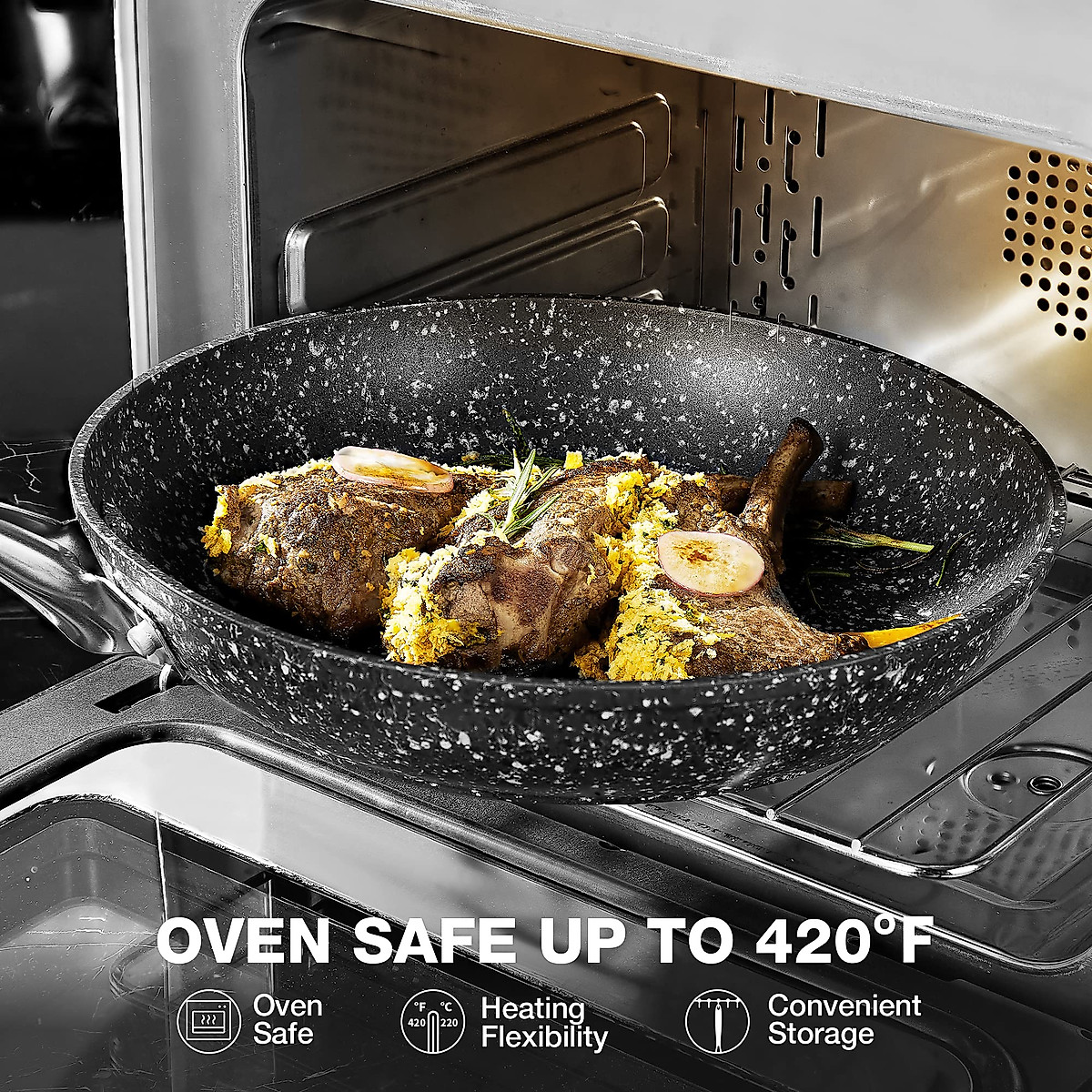 HLAFRG 8 Inch Frying Pan with Lid, Black Granite Skillet, Non Toxic PFOA Free, Even Heating and Less Oil,8 Inch Omelet Pan with Heat-Resistant Handle,Suitable for All Stove, Oven Safe