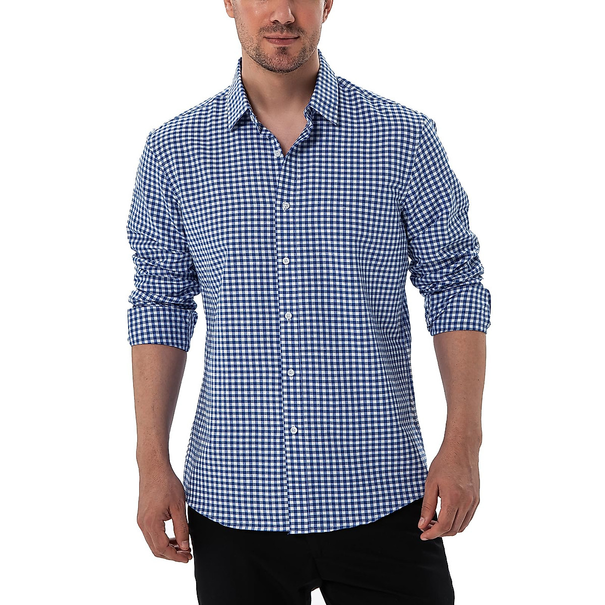 Manwan walk Men's Plaid Button Down Shirts Regular Fit Long Sleeve Casual Business Shirts Dark Blue XXL