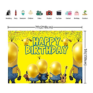 Yellow Happy Birthday Backdrop Cartoon Theme Background for Boys Girls Party Supplies Baby Shower Cake Table Decoration Banner Kids Photography Studio Props 7X5FT
