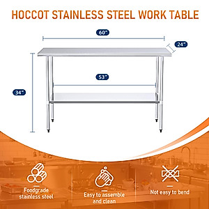 HOCCOT Stainless Steel Table for Prep & Work 24" X 60" inches with Adjustable Shelf, Commercial Workstations, Utility Table in Kitchen Garage Laundry Room Outdoor BBQ