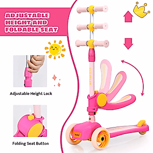 INFANS 3 Wheel Scooter for Kids, 2 in 1 Learn to Steer Kick Scooters with Removable Seat, LED Flashing Wheels, Adjustable Height, Wide Deck, Outdoor Activities Toy Gift for Girls Boys Ages 3-8 (Pink)