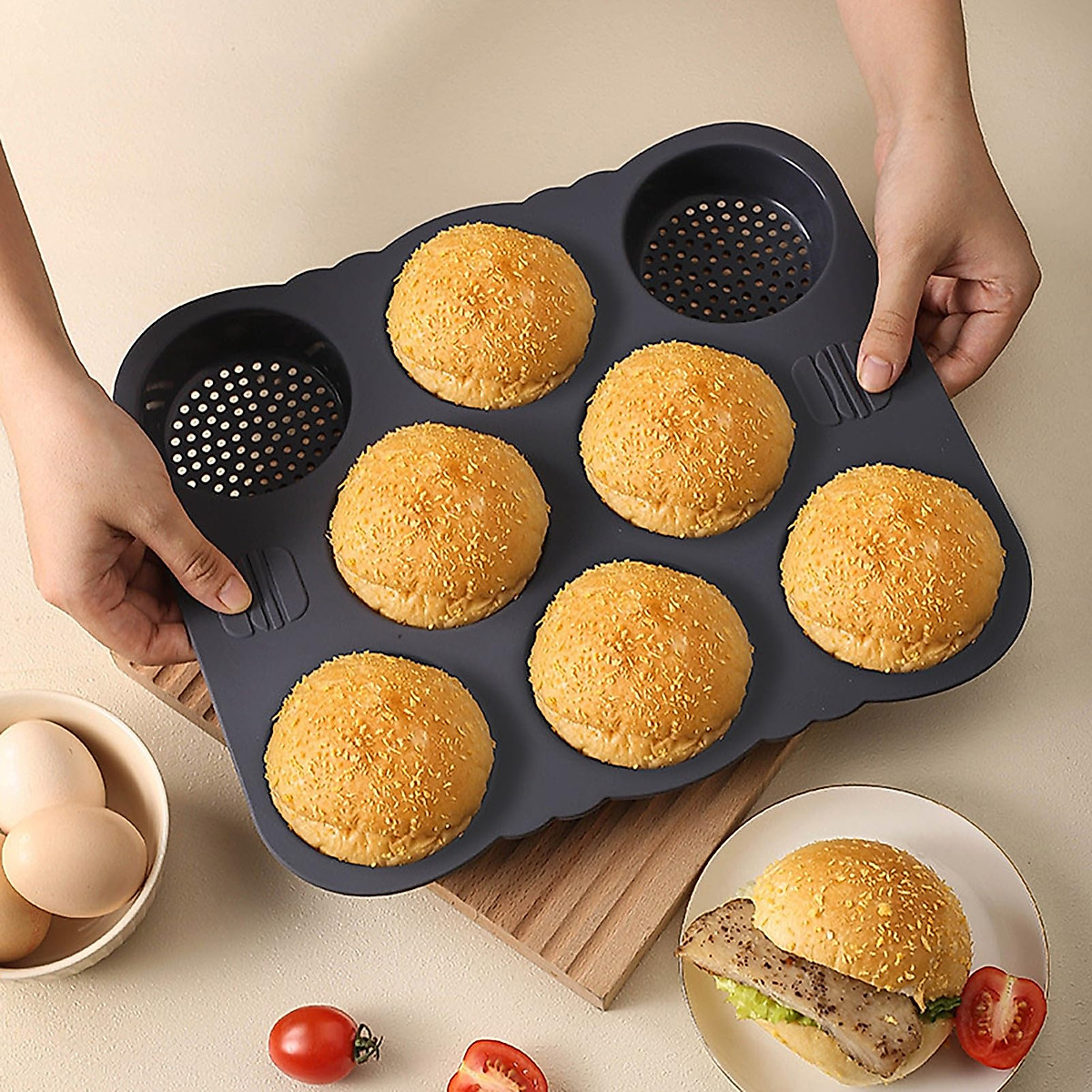 ulafbwur Bread Mold with Mesh Air Hole Design Silicone Non-stick Durable Flexible 8-compartment Hamburger Bun Pan Baking for Home Kitchen Bakery Use Grey