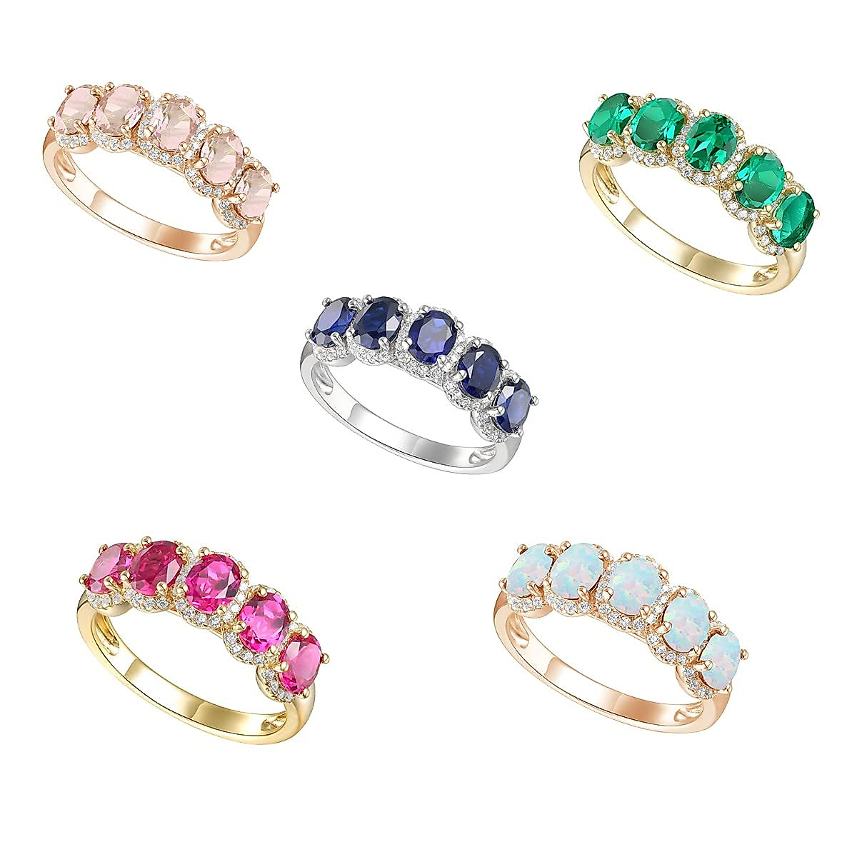 Tirafina 5-Stone Lab-Created Blue Ring with Lab-Created White Sapphires, Sterling Silver, Oval Stones (5x4 mm stone)