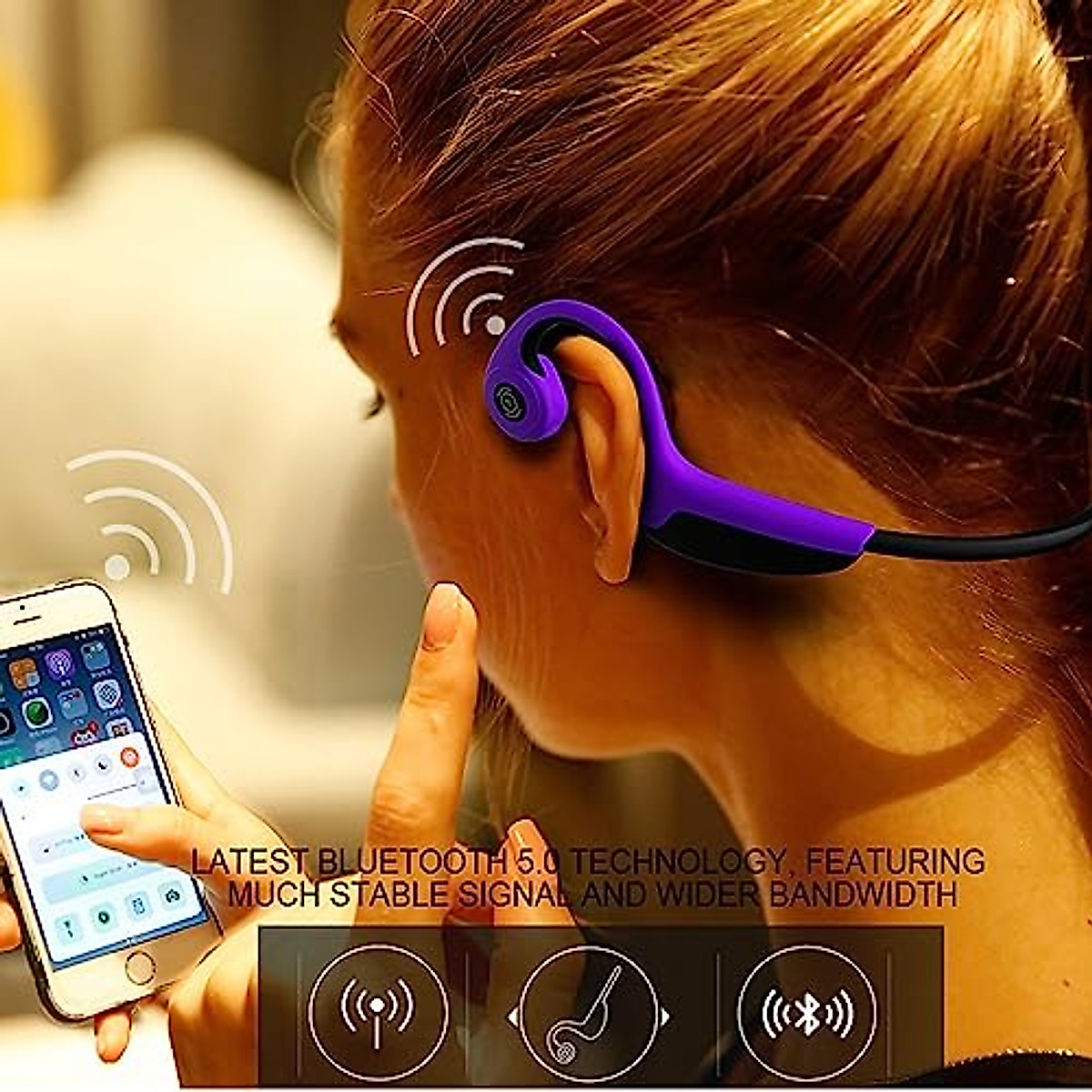 vapeonly Bone Conduction Headphones Bluetooth 5.0 Open Ear Wireless Headset Pink Purple Gym Earphone HiFi Stereo with Mic Sweatproof Sports Headphones for Running Driving Cycling (Purple)