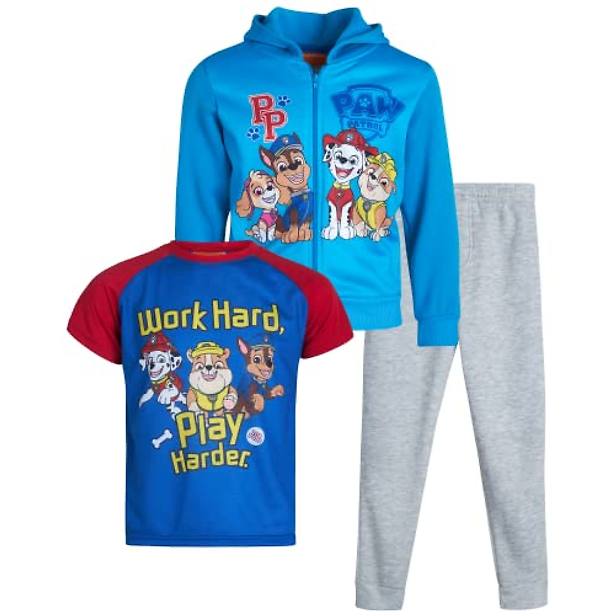 Nickelodeon Boys' 3 Piece Sweatsuit Set - Jogger Pants, Zip Up Hoodie Sweatshirt, and T Shirt (2T-7), Size 4, Work Hard/Black/Grey