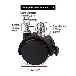Guildrey Threaded Caster, M8-1.25 Swivel Stem for Replacement, Set of 4, Twin Caster Wheels with Locking Brake