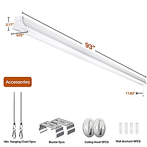 FAITHSAIL Linkable 8FT LED Shop Light, 110W, 12000 LM [Eqv.350W Fluorescent] 5000K, 8 Foot LED Fixture for Garage, Warehouse, Energy Saving Upto 2500KW*5/Y(5Hrs/Day)-Hang & Flush Mount, White, 1 Pack