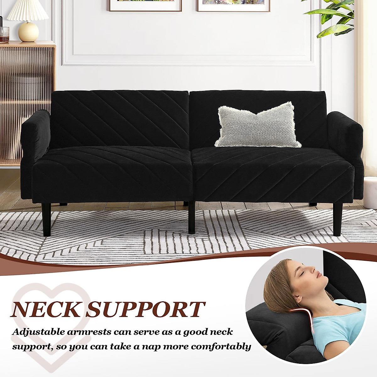 87 Inch Futon Sofa Bed, Modern Convertible Sleeper Futon Couch with Adjustable Armrests and Backrest, Velvet Oversized Loveseat Sofa Couch for Living Room, Apartment,Black