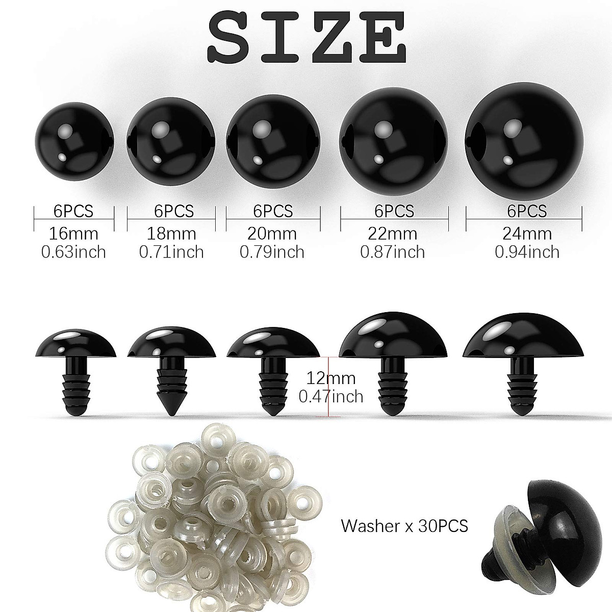 EUCARLOS Safety Eyes for Amigurumi Crochet 30PCS 16-24 mm, Plastic Black Large Safety Doll Eyes Stuffed Animal Eyes Craft Crochet Eyes for DIY of Puppet, Bear, Toy Doll Making Supplies