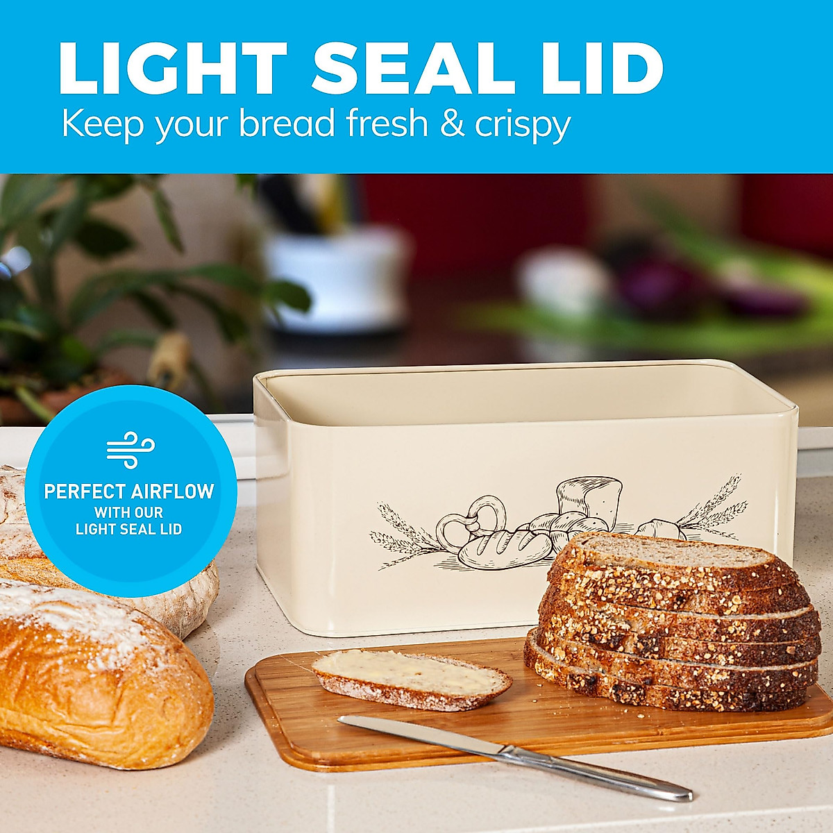 Extra Large Bread Box for Kitchen Countertop with Bamboo Cutting Board Lid - Vertical Space Saving Bread Holder Keeper Holds 2 Loaves - White Cream Farmhouse Breadbox Bread Storage, Bread Container