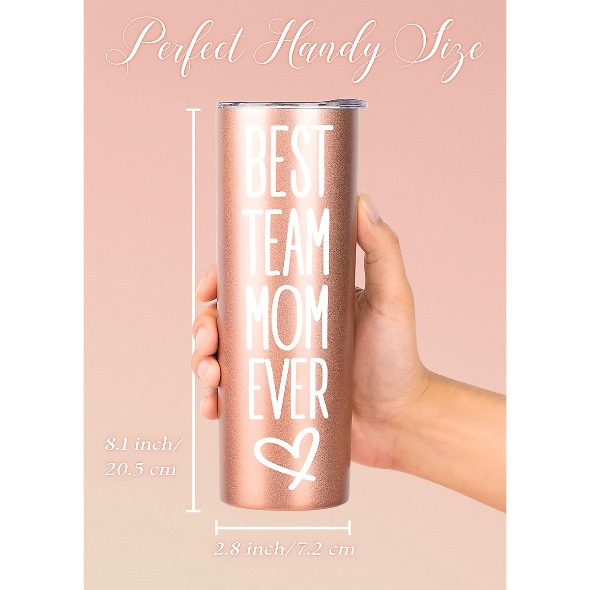 Onebttl Team Mom Gifts for Women, 20oz Skinny Tumblers, Base Ball Soccer Basket Ball Soft Ball Mom Gifts, Rose Gold, Best