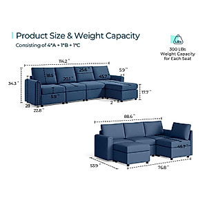 LINSY HOME Sectional Sofa, Blue, 300lb Weight Capacity, Changeable Covers, Storage Seat, BIFMA X5.4-2020 Certificated, Memory Foam Cushion, Easy Assembly, 6 Packages