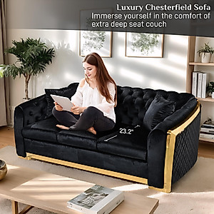 Mid Century Modern Chesterfield Sofa Couch, 81" Velvet Couch Chesterfield Sofa Luxury Upholstery Curved Sofas for Living Room, 3 Seat Tufted Sofa Furniture with 2 Pillows & Classic Gold Legs, Black