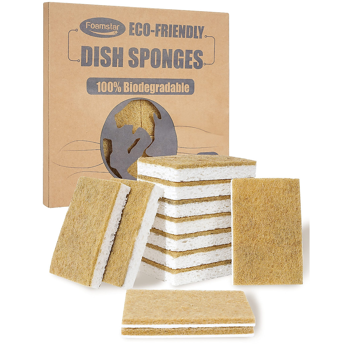 Biodegradable Natural Kitchen Sponge 12Pack, Compostable Cellulose and Coconut Walnut Scrubber Sponge