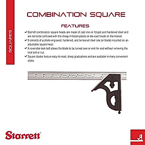 Starrett Steel Combination Square with Square Head - 12" Blade Length, Cast Iron Heads, Reversible Lock Bolt, Scriber, Spirit Level, 4R Graduation Type - 11H-12-4R