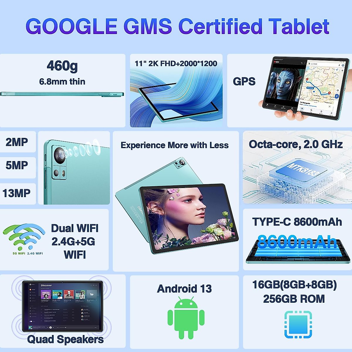 DMOAO Tablet 11 inch Android 13 Tablet 2023 Latest 16GB+256GB Tablets with 1TB Expand, 2000 * 1200 2K Display, 13MP Camera, 8600mAh, Quad Speakers, Split Screen (Gray with Advanced Keyboard, Mouse)