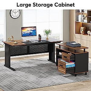 LITTLE TREE Large Computer Desk with File Cabinet, 63 Inch Executive Desk L Shaped Office Desk, Business Furniture Desk Workstation for Home Office, Brown and Black