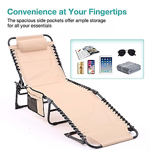 Unovivy Set of 2 Outdoor Lounge Chairs Fold TanningChair 4-Level Adjustable, Portable Pool LoungeChair with Headrest&SidePocket, Khaki