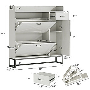 HUAHUU Shoe Cabinet with 2 Flip Drawers & Side Cabinet, Shoes Cabinet with Adjustable Shelves, Shoe Storage Cabinet with Drawer & Mounted Shoe Rack for Entryway, Hallway, Shoe Organizer Cabinet, White