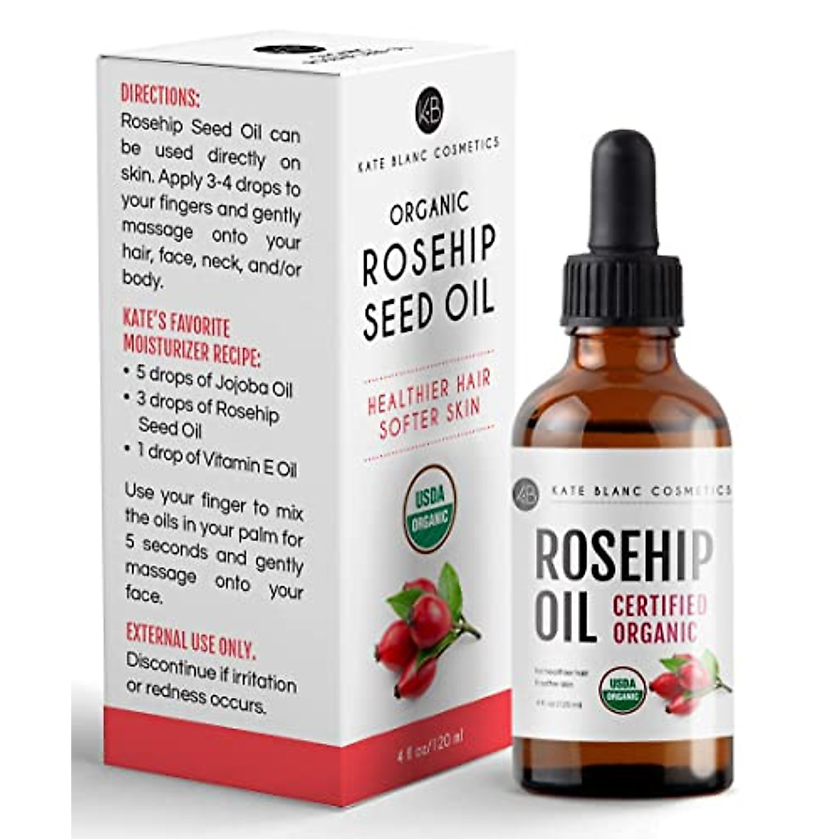 Kate Blanc Cosmetics Rosehip Oil for Face & Skin (4oz, Organic, Pure, Cold Pressed) Rosehip Seed Face Oil for Facial & Gua Sha Massage
