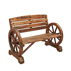 Festival Depot Wooden Wagon Wheel Bench Rustic Armrest Chair 2-Person Outdoor Patio Furniture Loveseat with Backrest, Slatted Seat for Garden Country Yard, Burnt-Finished