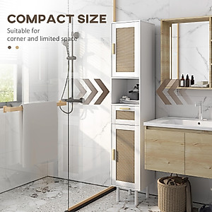 HOMCOM Tall Bathroom Storage Cabinet with Rattan Doors, Freestanding Bathroom Cabinet with Open Shelf, Drawer, Cabinets and Adjustable Shelves for Small Space, White