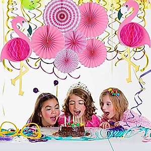 Flamingo party Honeycomb decoration, whirlpool decoration, Hanging Pink Paper Fans decoration set of 6,Glittering Birthday Banners Decorate The Hawaii Beach Party Birthday Baby Shower Decorations