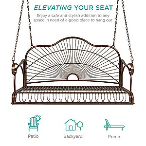 Best Choice Products Hanging Iron Porch Swing Bench Outdoor Patio Furniture for Garden, Deck w/Armrests, Mounting Chains